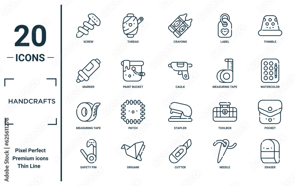 handcrafts linear icon set. includes thin line screw, marker, measuring tape, safety pin, eraser ...