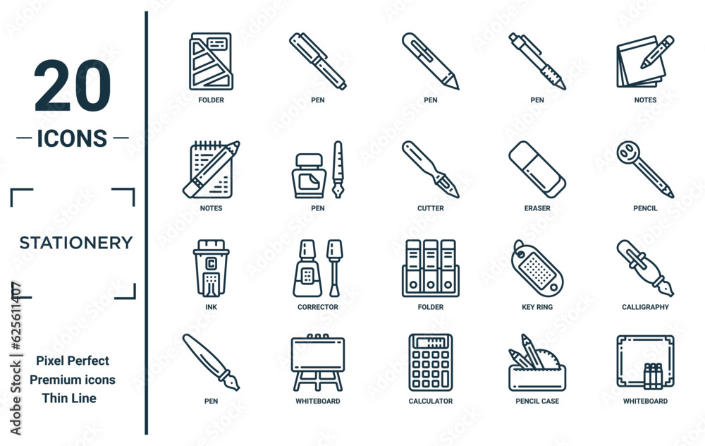 stationery linear icon set. includes thin line folder, notes, ink, pen ...