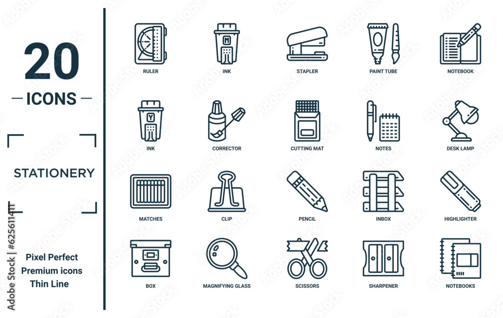 stationery linear icon set. includes thin line ruler, ink, matches, box ...