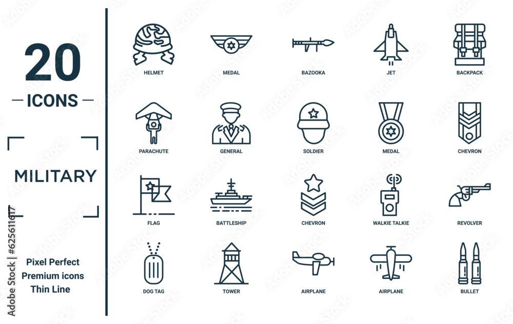 military linear icon set. includes thin line helmet, parachute, flag ...