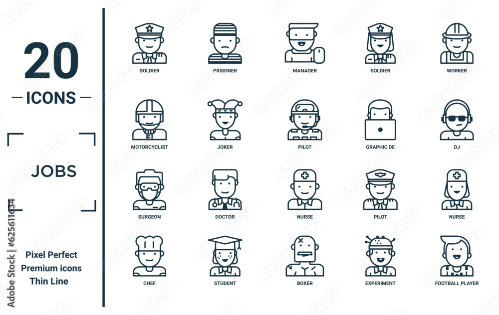 jobs linear icon set. includes thin line soldier, motorcyclist, surgeon ...