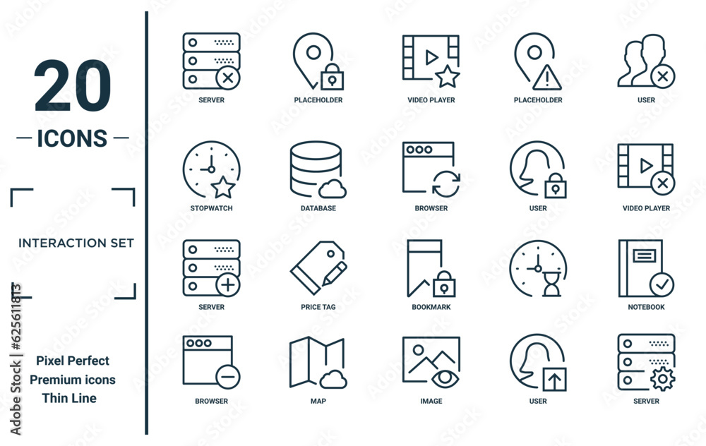Vetor De Interaction Set Linear Icon Set Includes Thin Line Server Stopwatch Server Browser