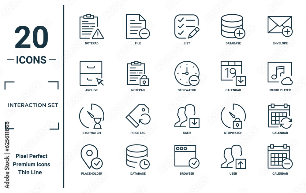 interaction set linear icon set. includes thin line notepad, archive, stopwatch, placeholder ...