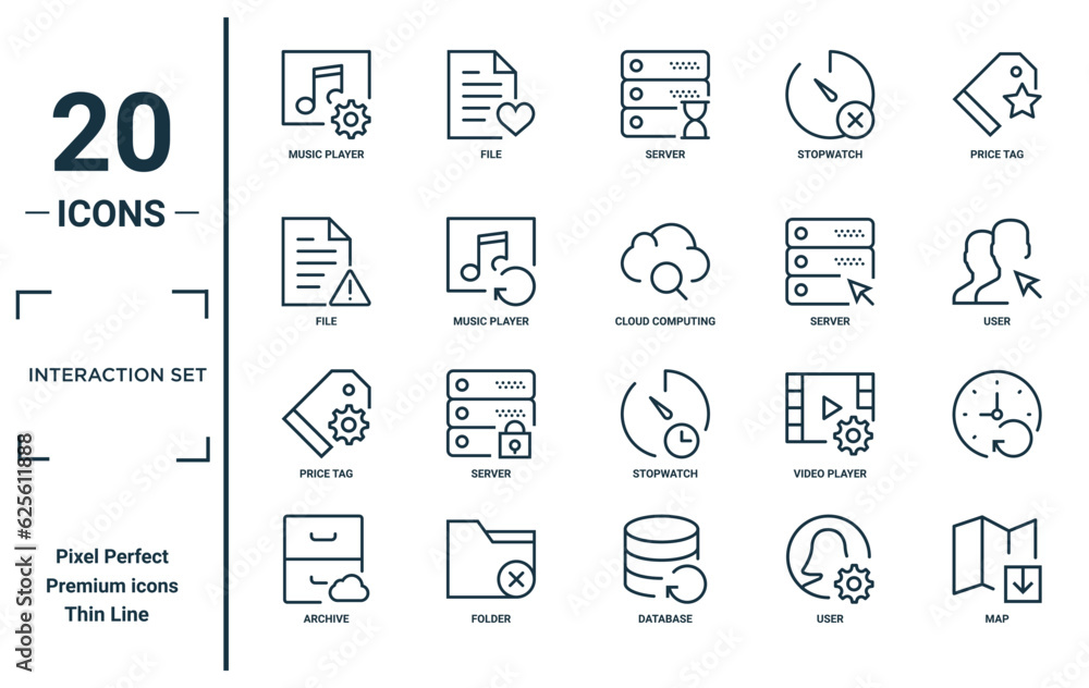 interaction set linear icon set. includes thin line music player, file, price tag, archive, map ...