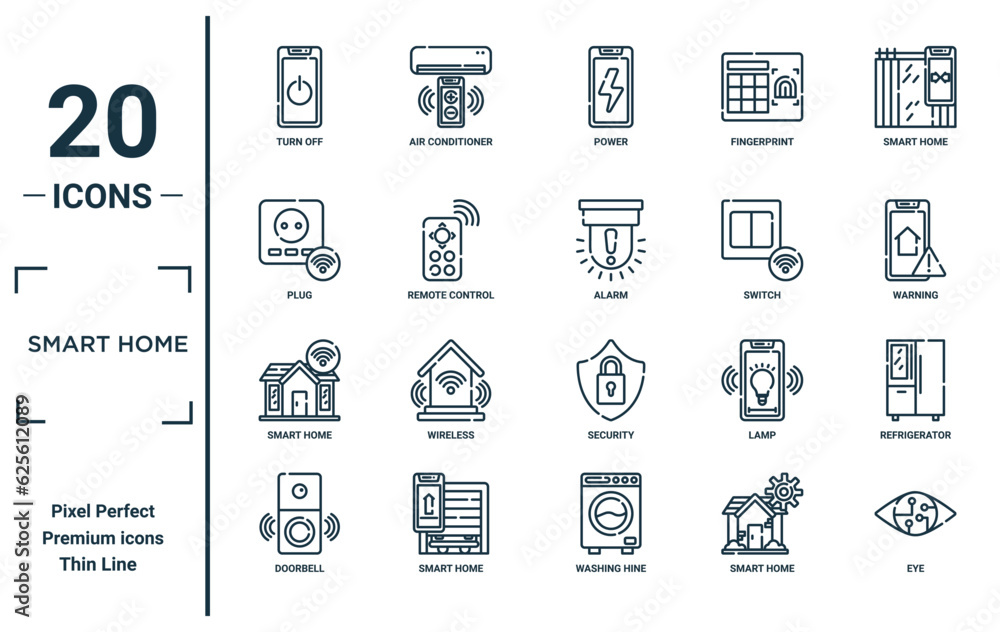 smart home linear icon set. includes thin line turn off, plug, smart ...