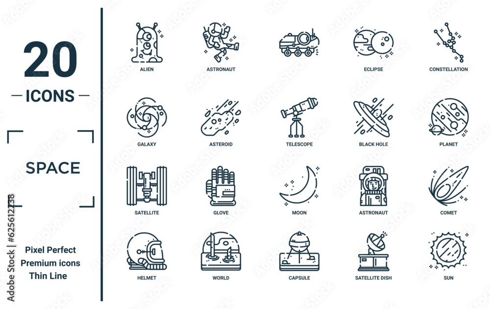 space linear icon set. includes thin line alien, galaxy, satellite ...