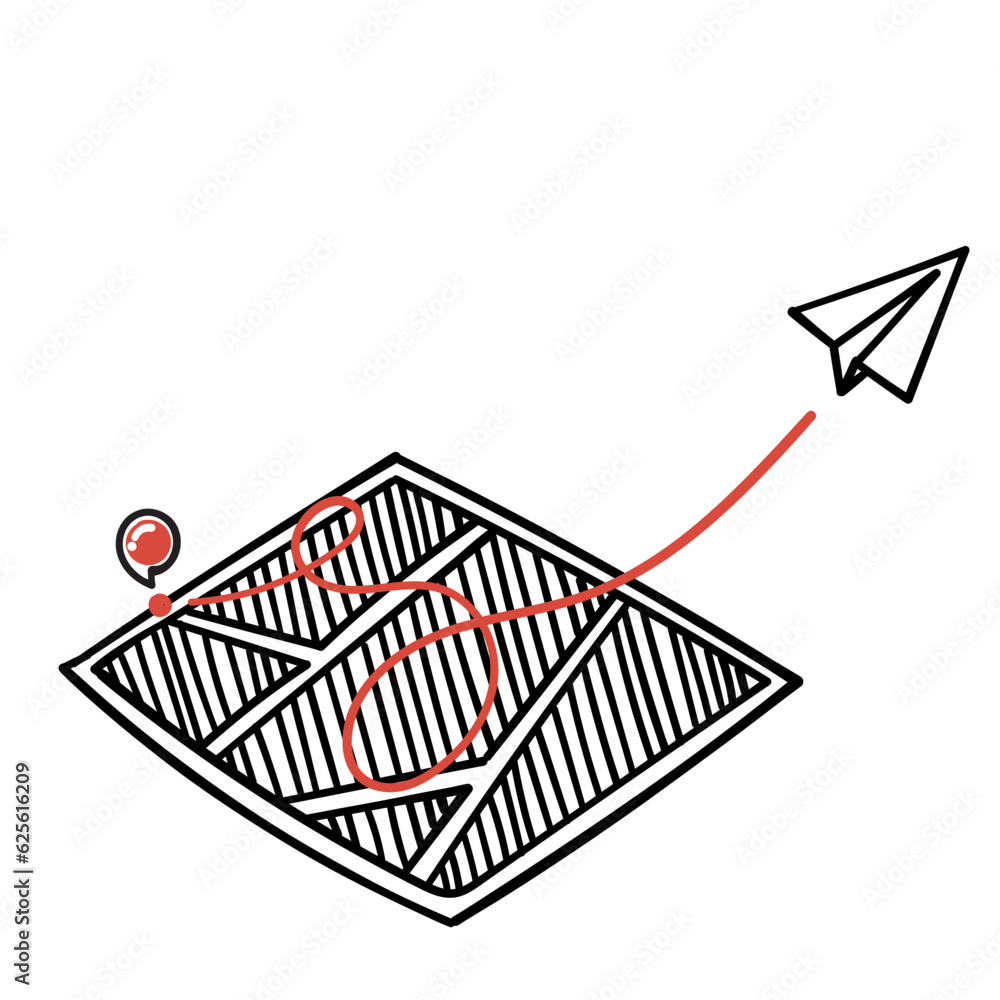 hand drawn doodle paper plane flying on world map illustration vector ...