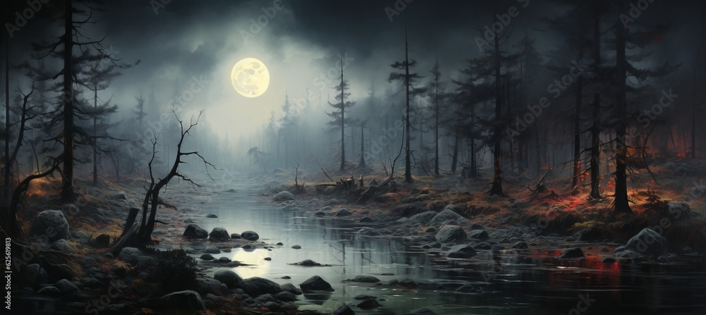 Full moon forest riverside horror melancholic dark background ...