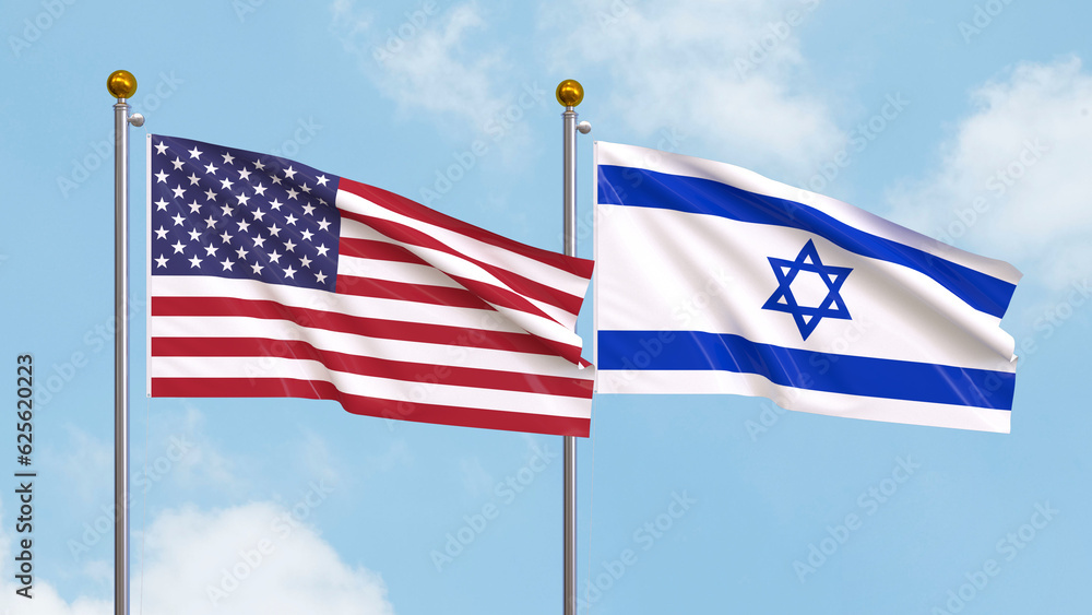 Waving flags of the United States of America and Israel on sky ...