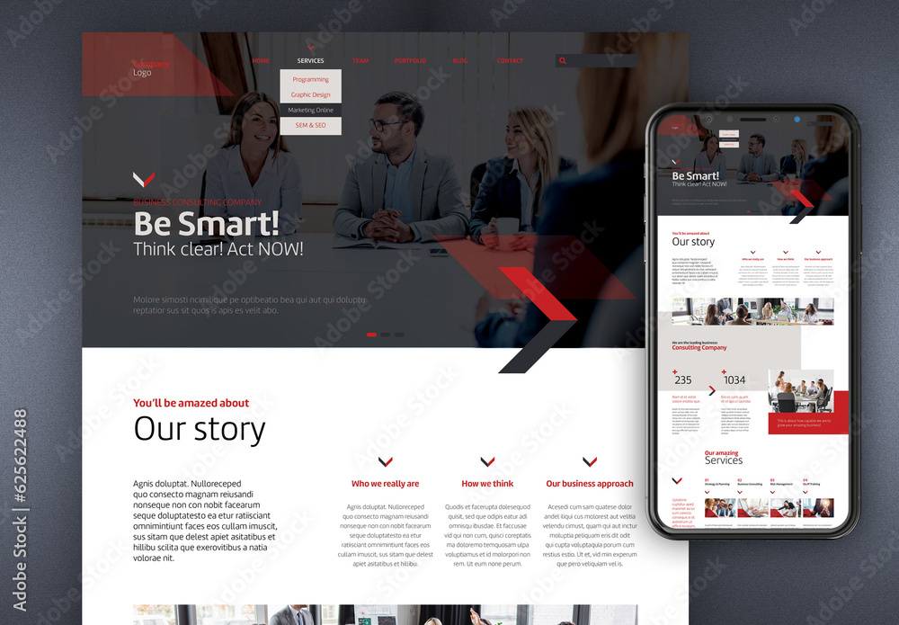 Website Layout for Business Presentation with Blue and Red Accents ...