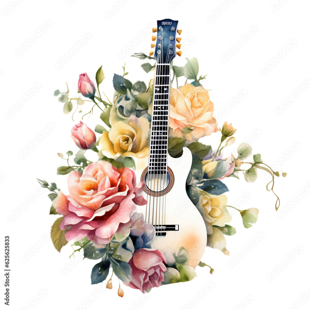 Guitar with Flowers Watercolor Clip Art, Watercolor Illustration ...