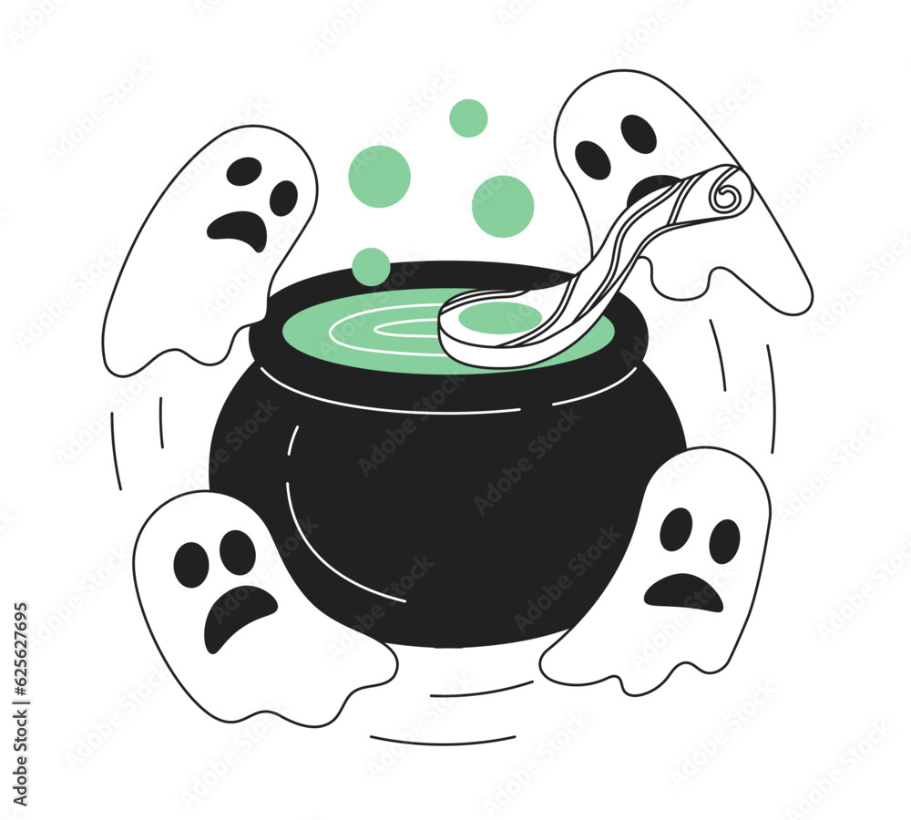 Cauldron with ghosts on Halloween monochrome concept vector spot ...