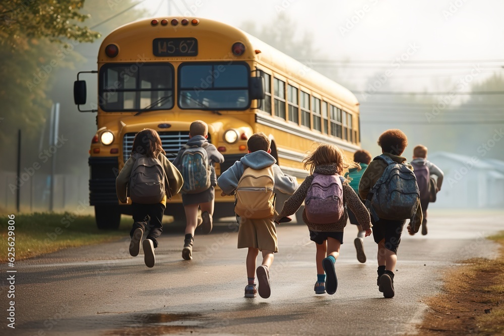 Foto de kids children running back to school yellow school bus do Stock ...