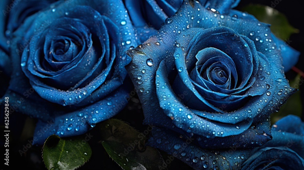 Blue Roses flowers with water drops background. Closeup of blossom with ...