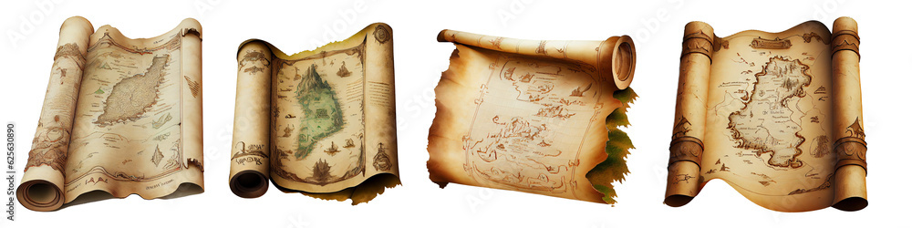 Ancient map of a fantasy land inscribed on a scroll of old paper ...
