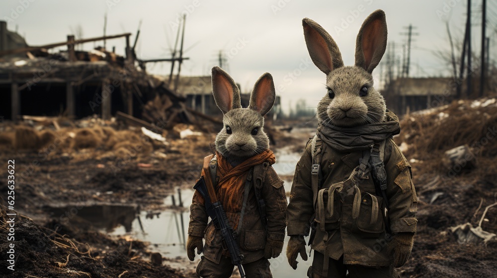 two rabbits are standing next to each other in the mud. generative ai ...