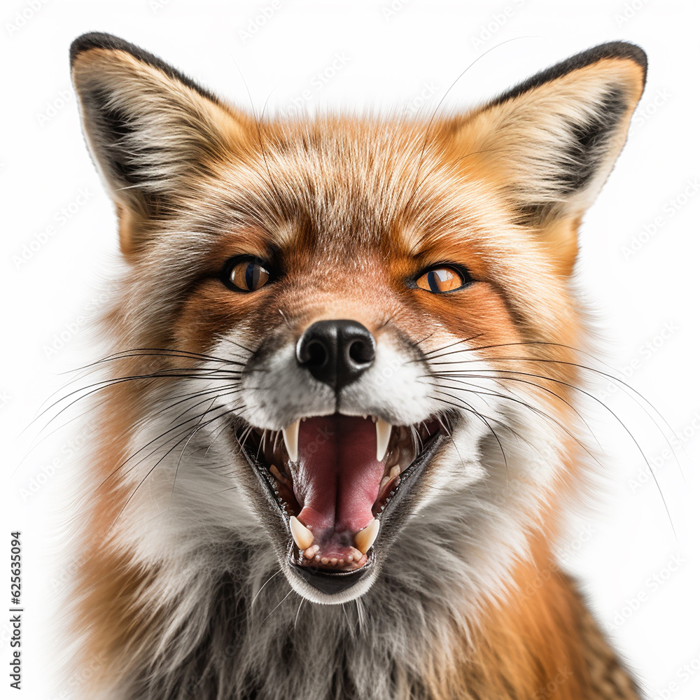 Predatory angry red fox bares big fangs, growls, portrait, close-up on ...