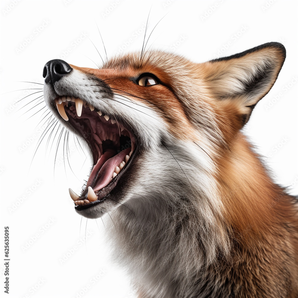 Predatory angry red fox bares big fangs, growls, portrait, close-up on ...