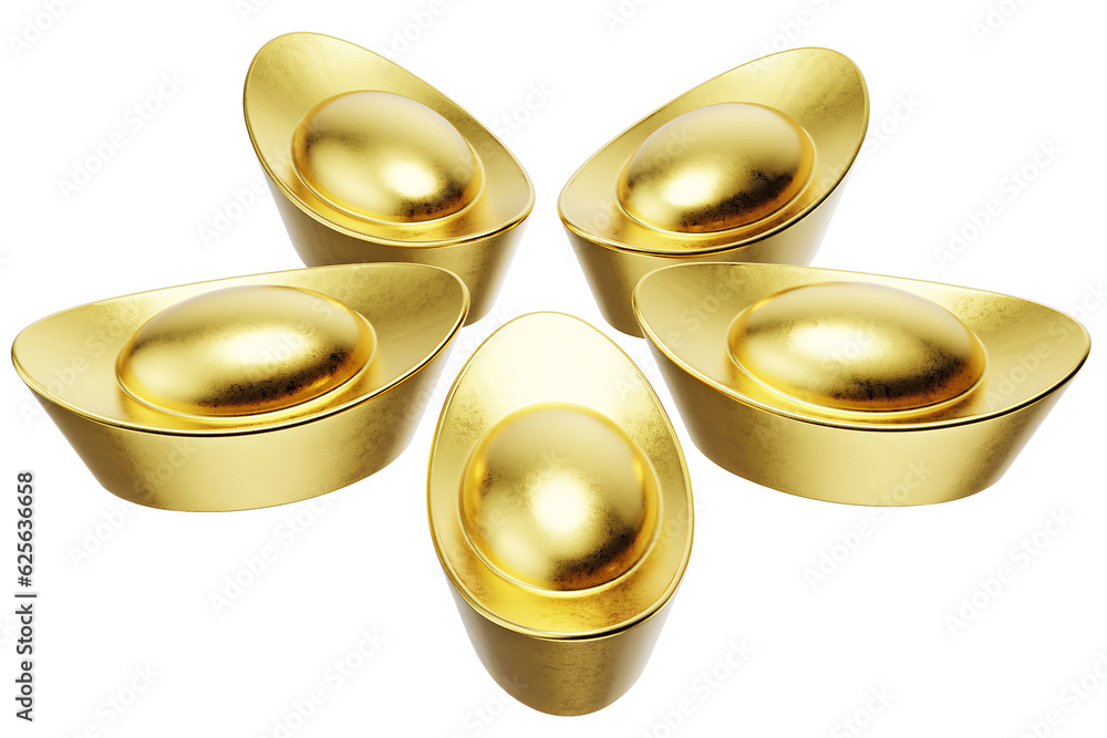 a 3D illustration featuring an isolated group of Yuan Bao, Chinese gold ...