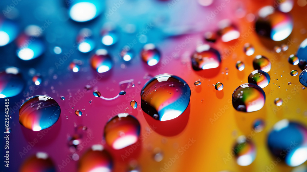water droplets on a vibrant, rainbow - hued surface, emphasis on the ...