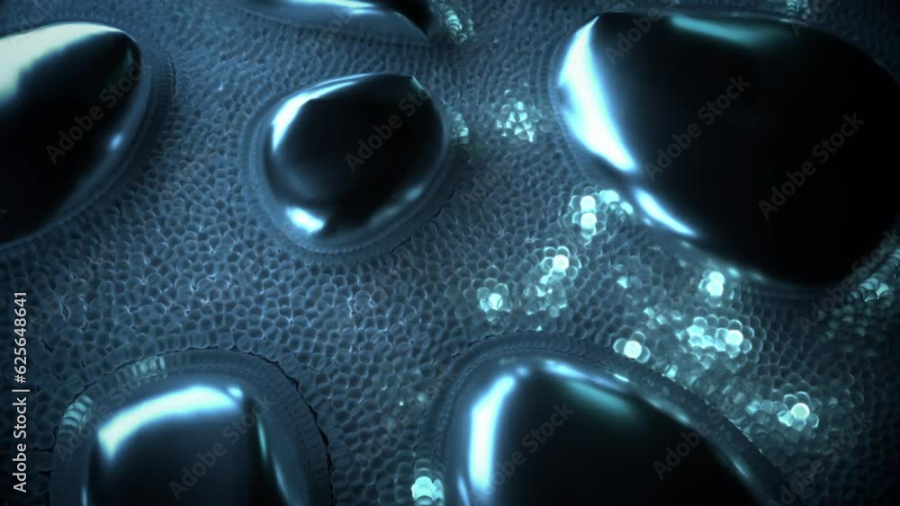 Glowing spheres flying through glossy rocks, stream of blue particles ...