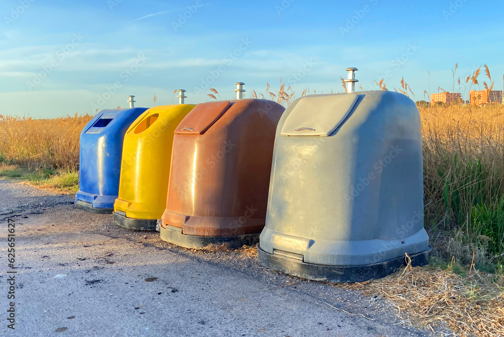 Garbage cans on street at building. Garbage bins for rubbish. Garbage ...