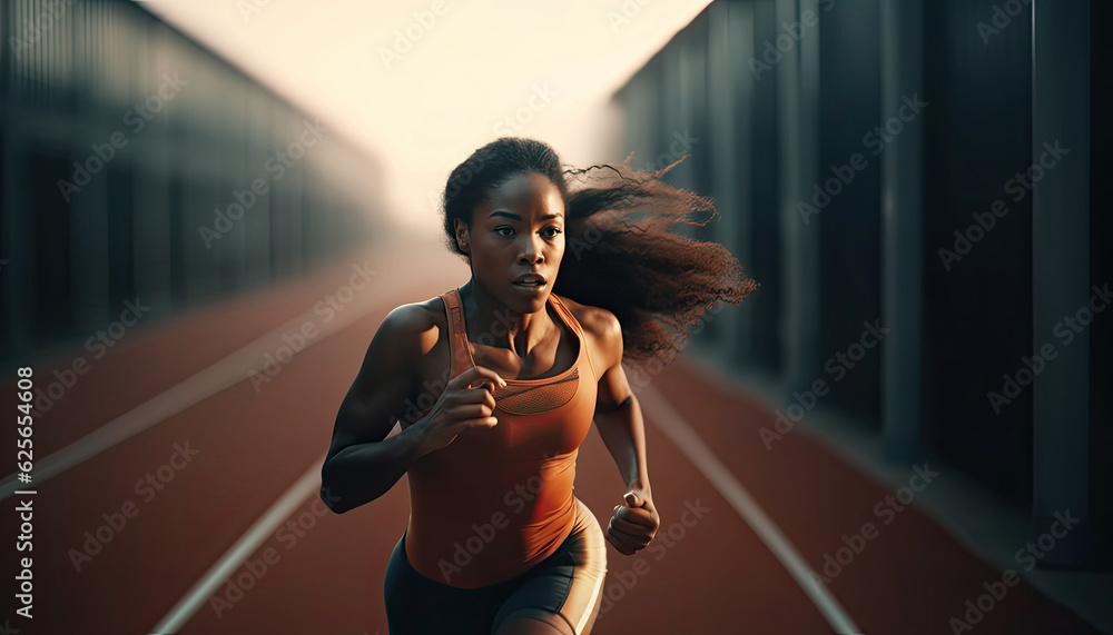 Young african woman running. Dynamic movement. A strong athletic, woman ...