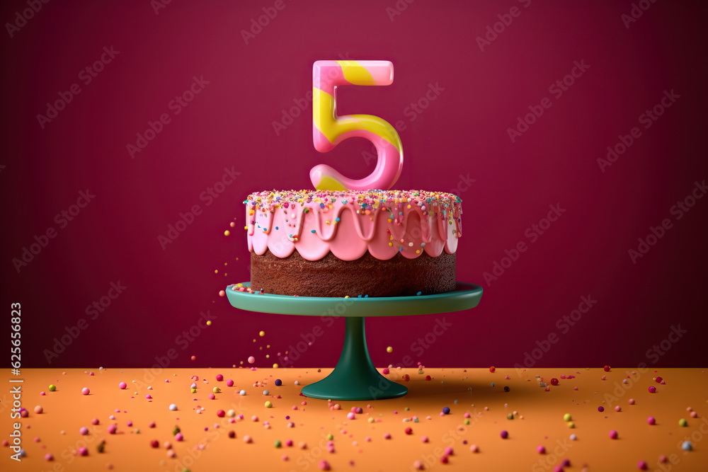 Birthday cake on a 5 years decorated with topper number five ...