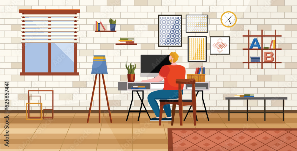 Home office. Interior vector illustration. Work from home. Room layout ...