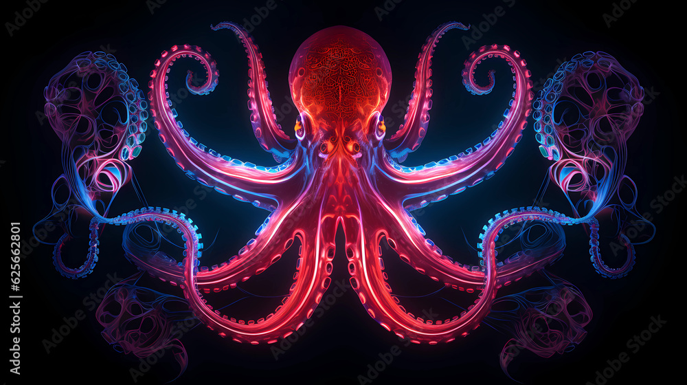 Octopus Plexus Neon Black Background Digital Desktop Wallpaper HD 4k ...