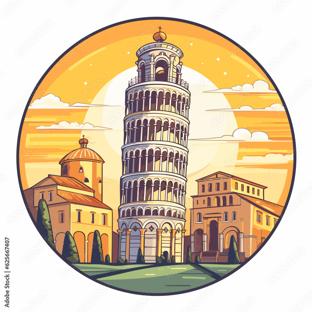Leaning tower of Pisa hand-drawn comic illustration. Leaning tower of ...