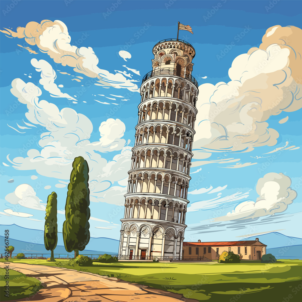 Leaning tower of Pisa hand-drawn comic illustration. Leaning tower of ...