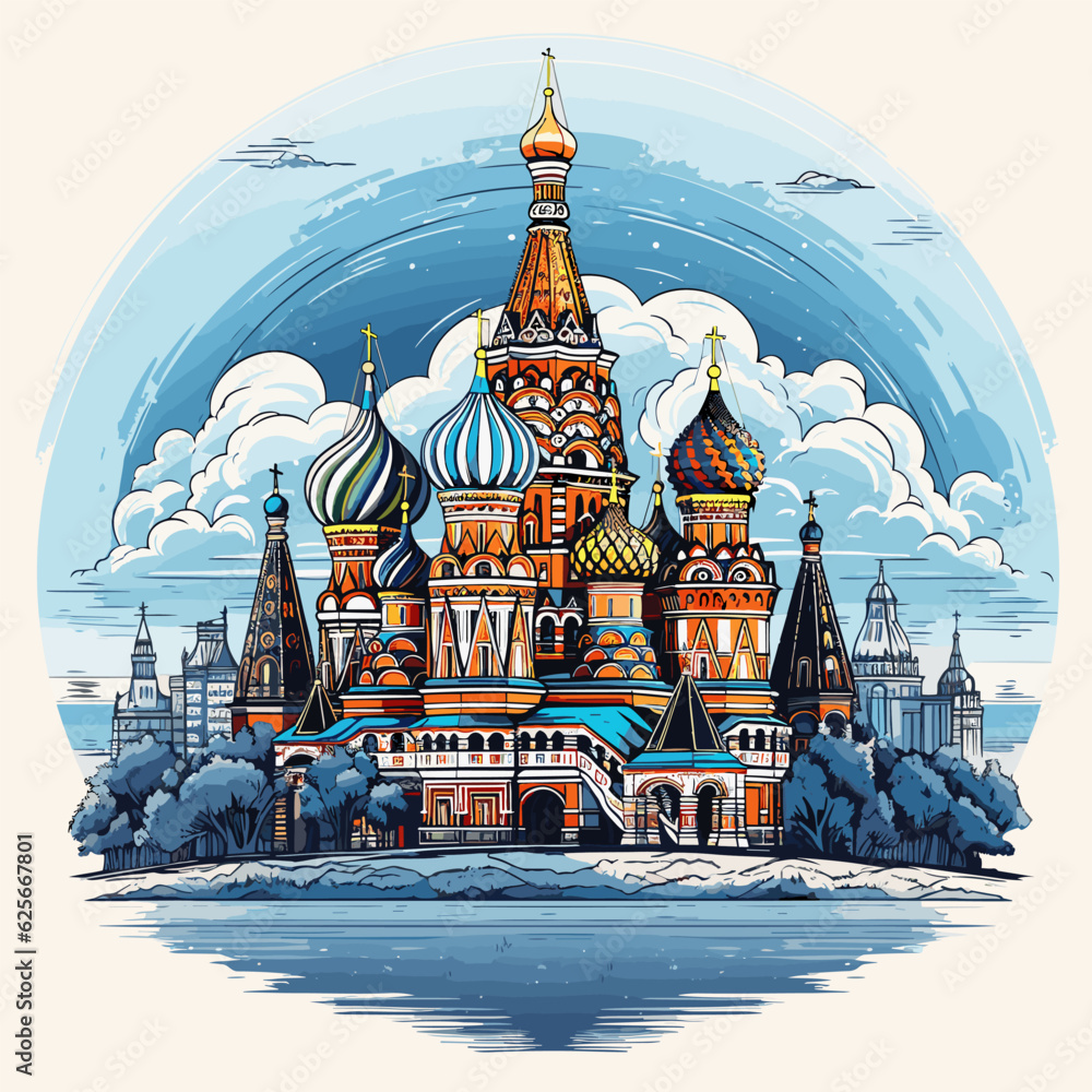 Saint Basil's Cathedral hand-drawn comic illustration. Cathedral of ...