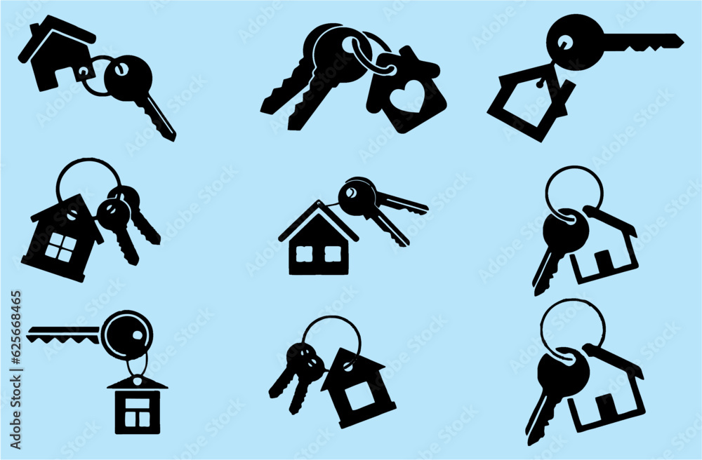 Set of keys with a house. Collection of key chains with residential ...