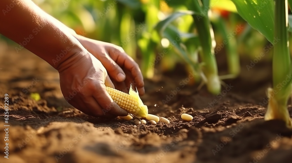 hand planting corn seed of marrow in the vegetable garden with sunshine ...