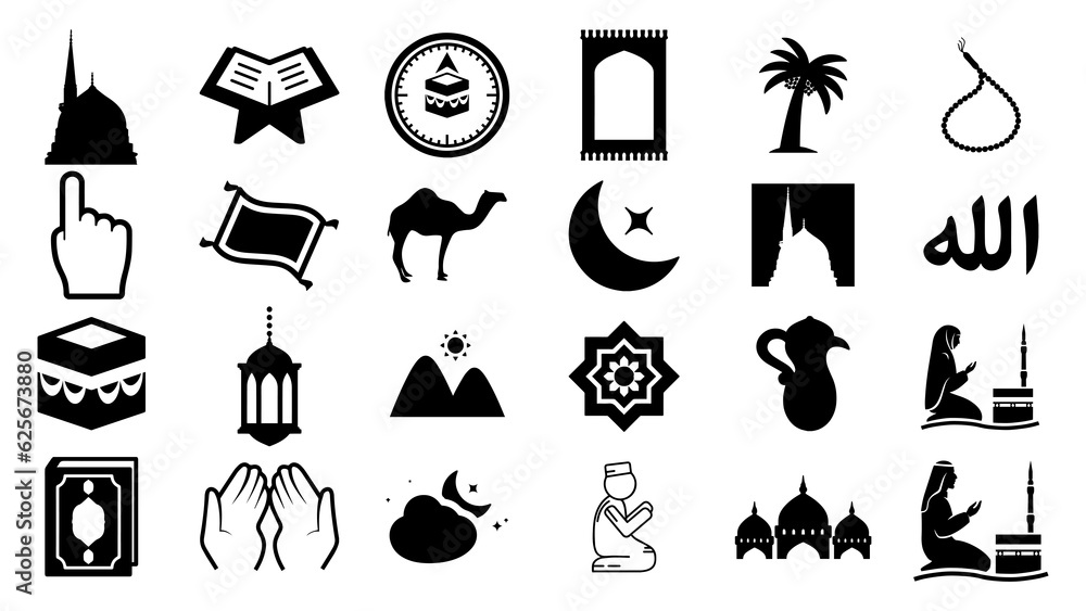 Islamic icons Mosques, camel, qurran, moon, palm, editable and ...