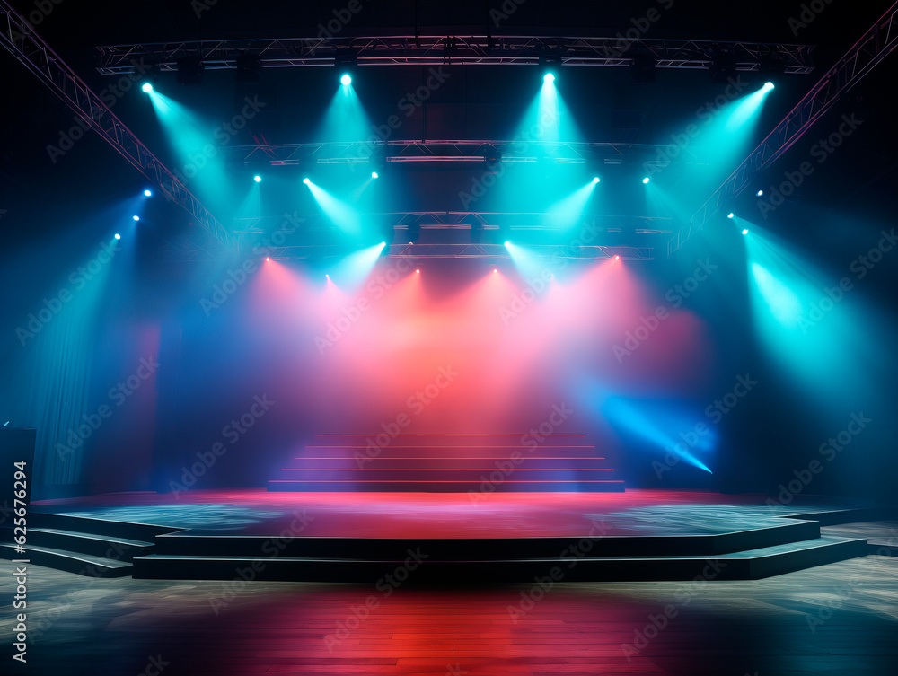 Modern empty stage background with colorful smoke, stair and ceiling ...