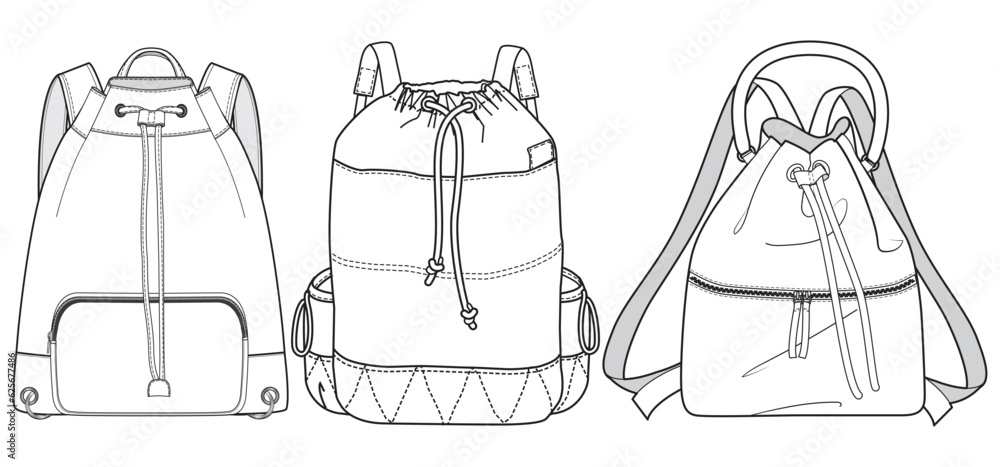 Set of drawstring Backpack bag flat sketch fashion illustration drawing ...