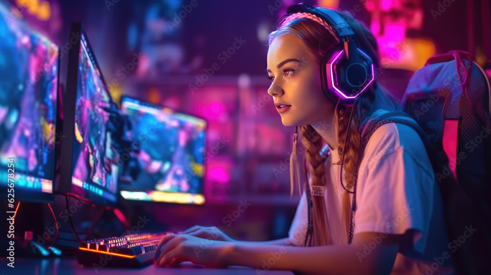 Professional gamer girl plays video games on RGB pc Stock Photo | Adobe ...