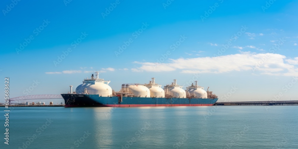 LNG Terminal and LNG Ship Amidst a Summer Landscape with Blue Sky ...