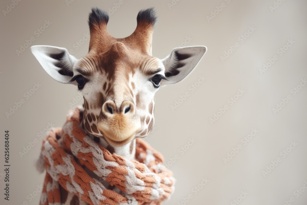 A cute giraffe wearing a cozy knitted scarf, looking at the camera ...