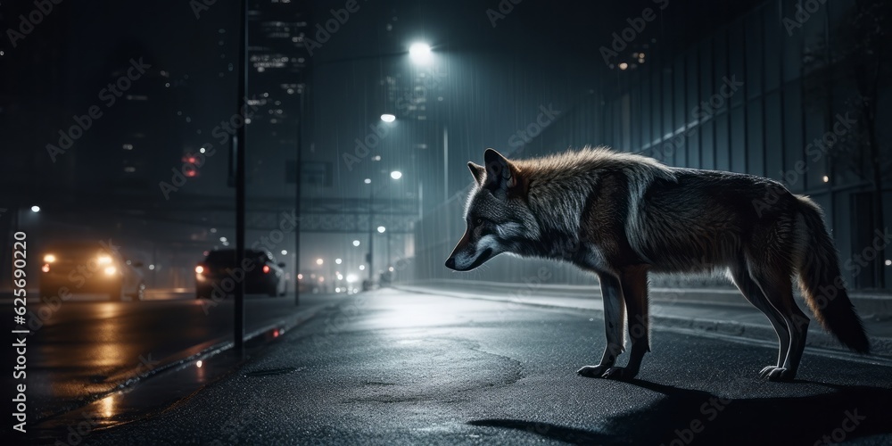 A Wolf Under a City Street Lamp with Night Sky and Empty Streets ...