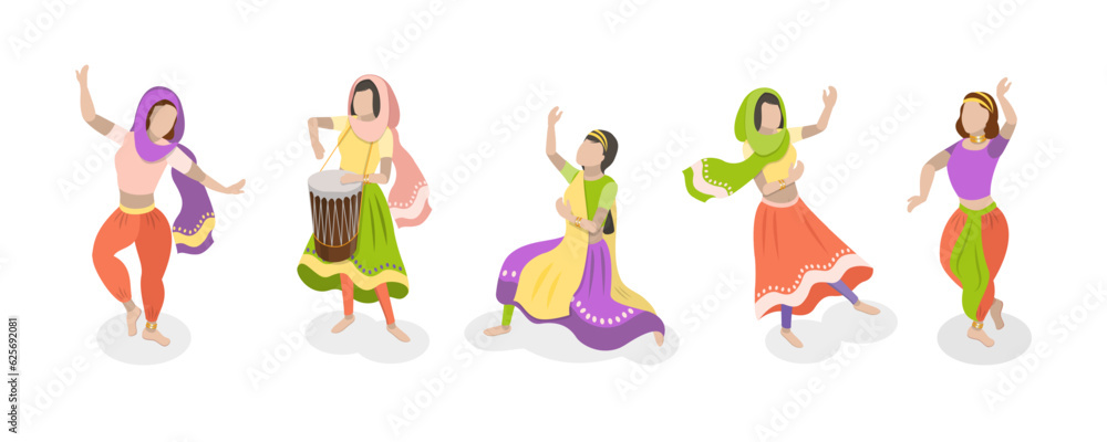 3D Isometric Flat Vector Set of Traditional Indian Dancers, Bollywood ...