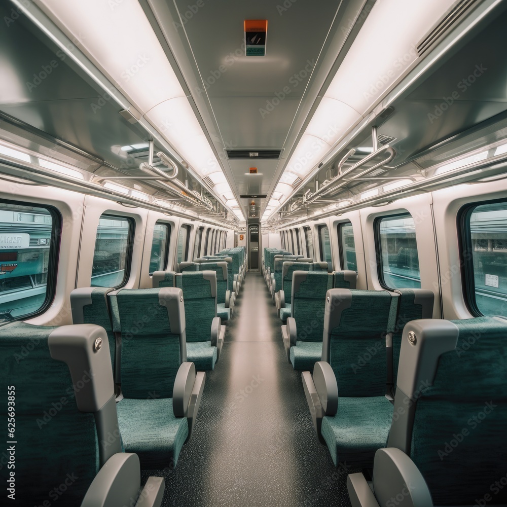 Empty cabin of a modern passenger train. Empty blue seats inside train ...