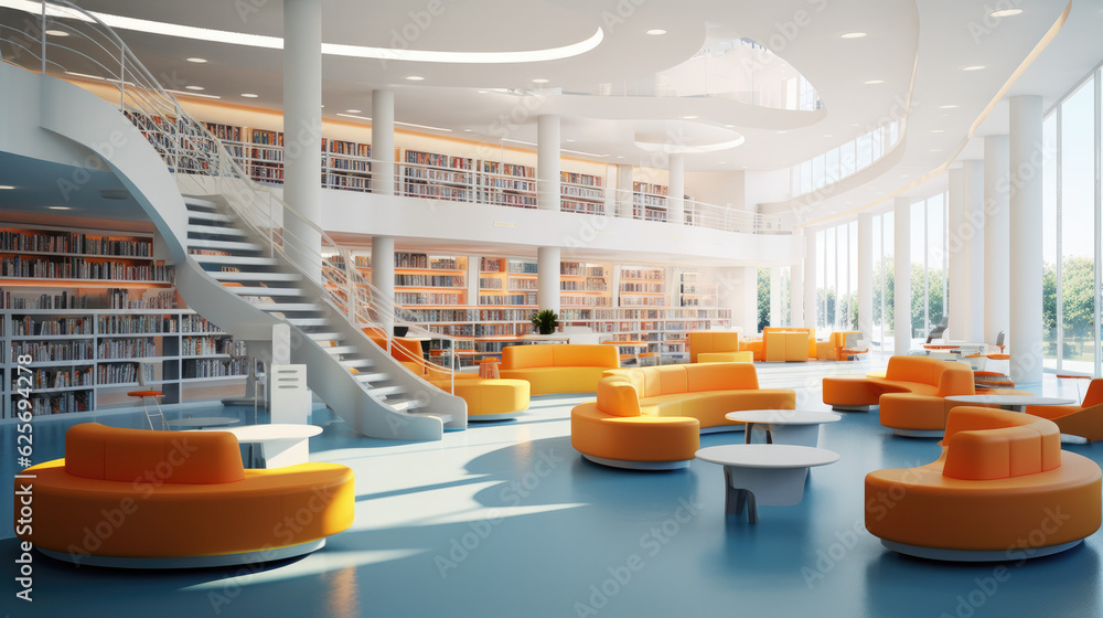 vibrant library filled with yellow and orange furniture, creating a ...