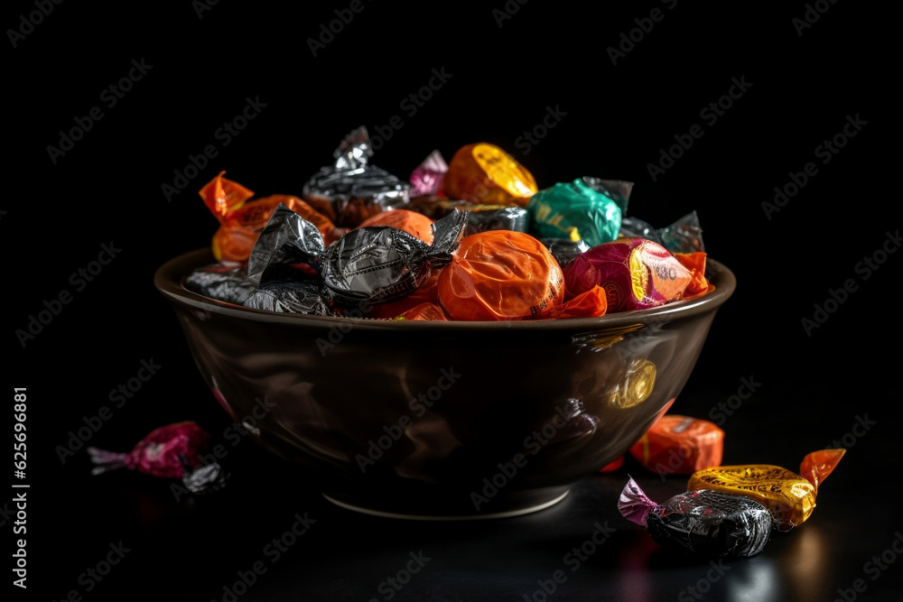 a close up of A bowl of Halloween candy on a shiny surface with a black ...