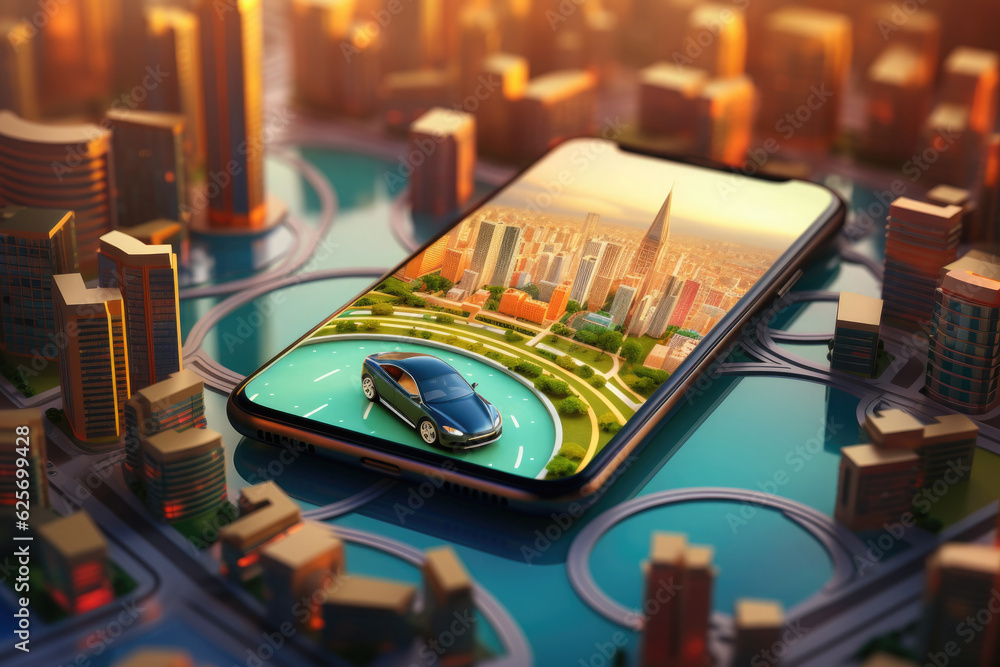 Virtual city in smartphone screen. Augmented reality cityscape. Using ...