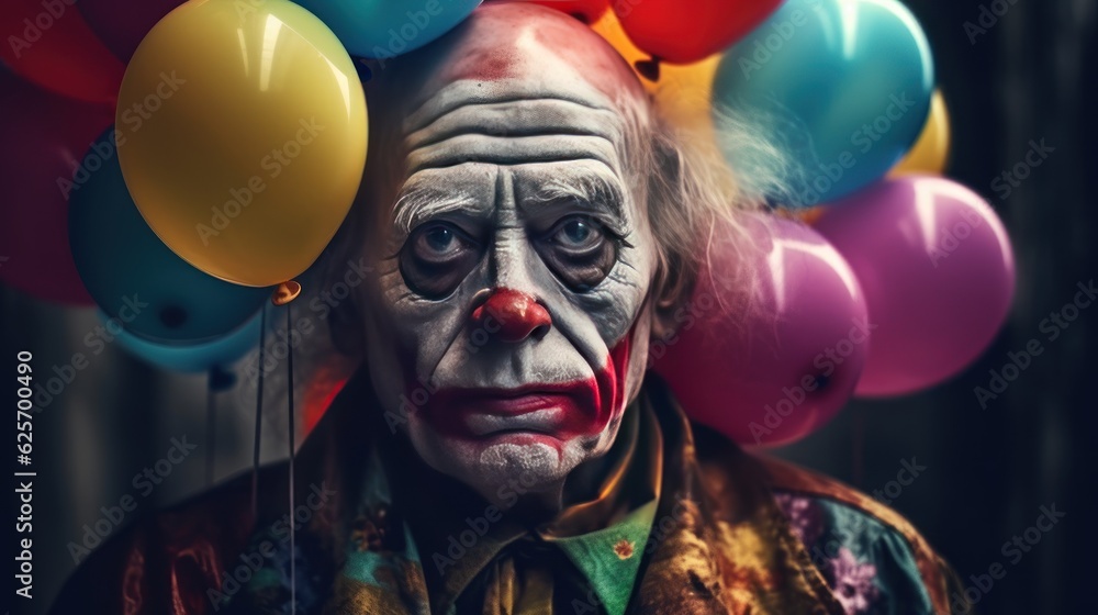 Depressed Clown. Sad Clown with Colorful Balloons. Sad Old Clown ...