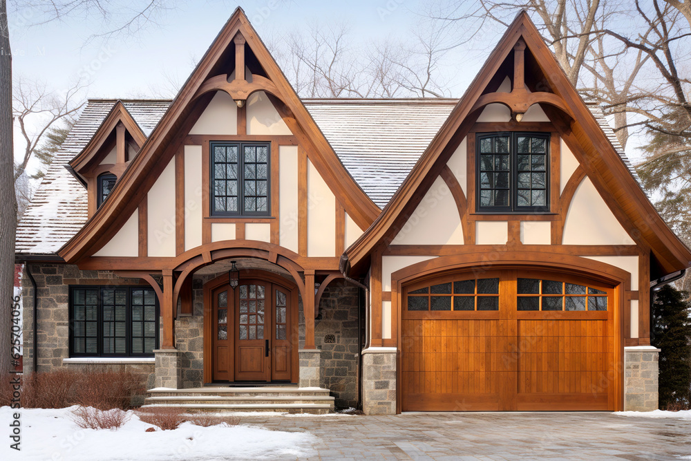 Tudor style family house exterior with gable roof and timber framing ...