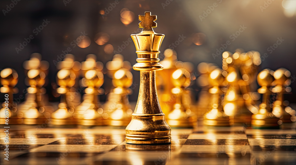Set of luxury golden chess pieces isolated on dark background. The ...